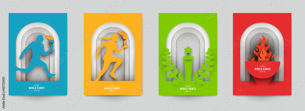 Set templates for action sport games in modern paper cut style ...