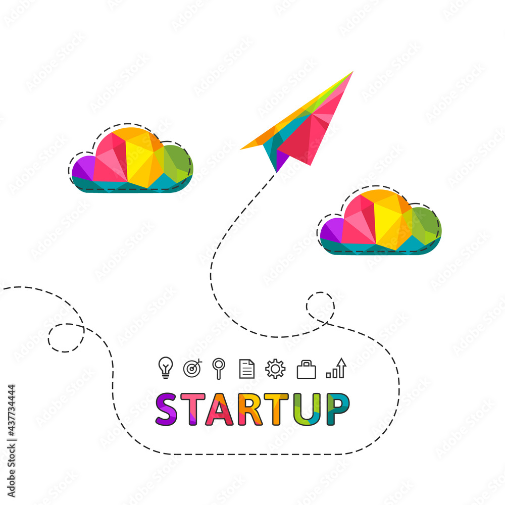 Vetor de Startup concept with colorful paper airplane in low poly ...