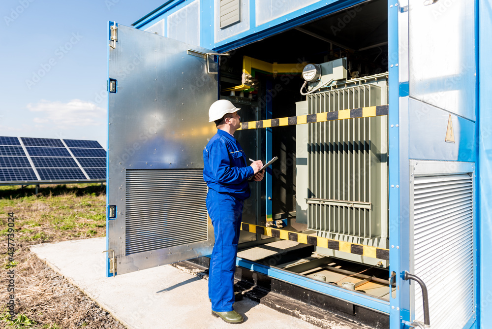 Execution of electrical measuring works on the power transformer Stock ...