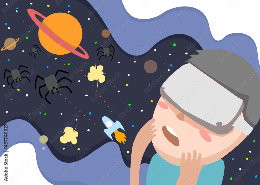 child wear a VR headset and enjoy in space game, cartoon flat design ...