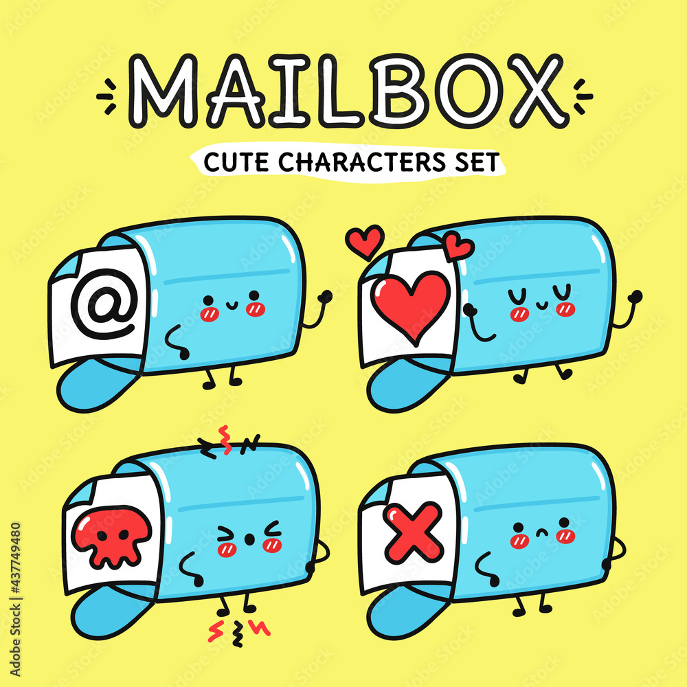 Funny cute happy mailbox characters bundle set. Vector kawaii line ...