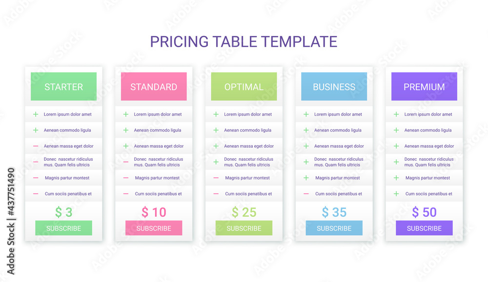 Price chart template with 5 columns. Table data grid. Vector ...