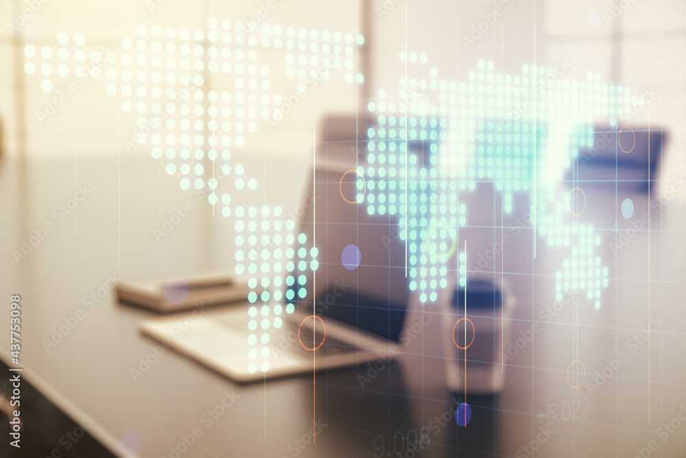 Multi exposure of abstract creative digital world map on modern laptop ...