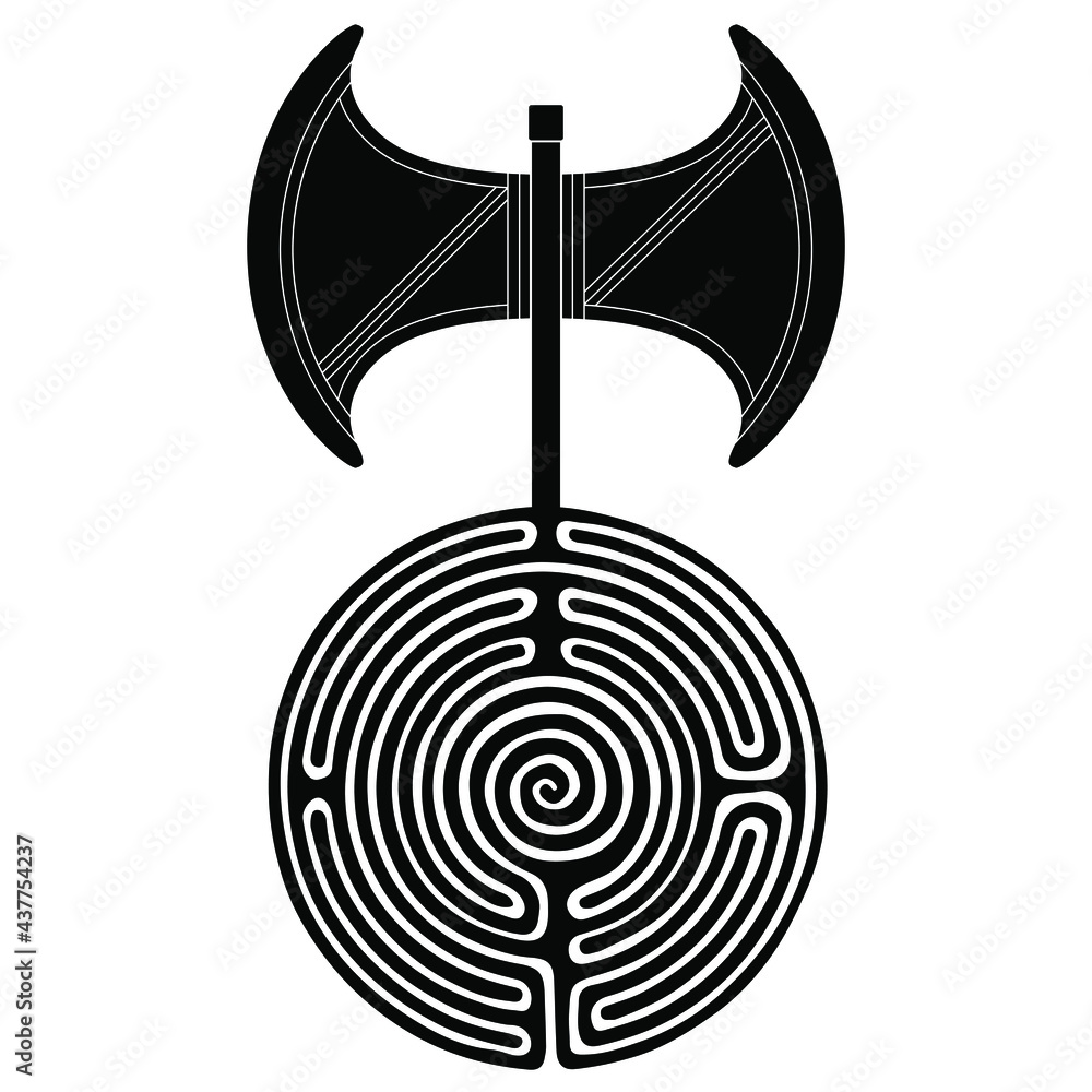 Minoan double axe labrys on top of round spiral maze or labyrinth ...