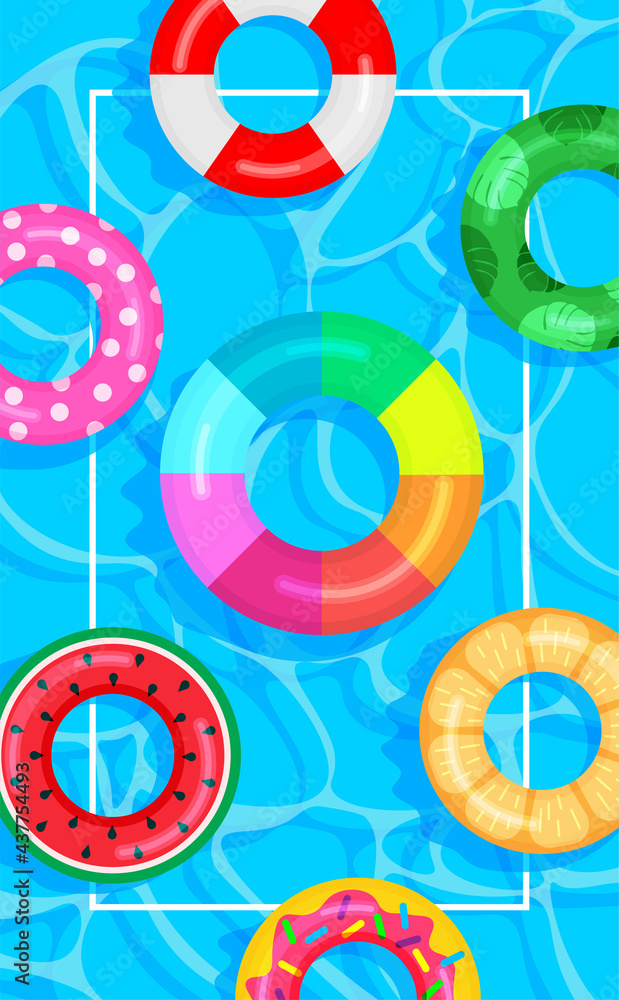 Swimming pool summer background with different pattern lifebuoys ...