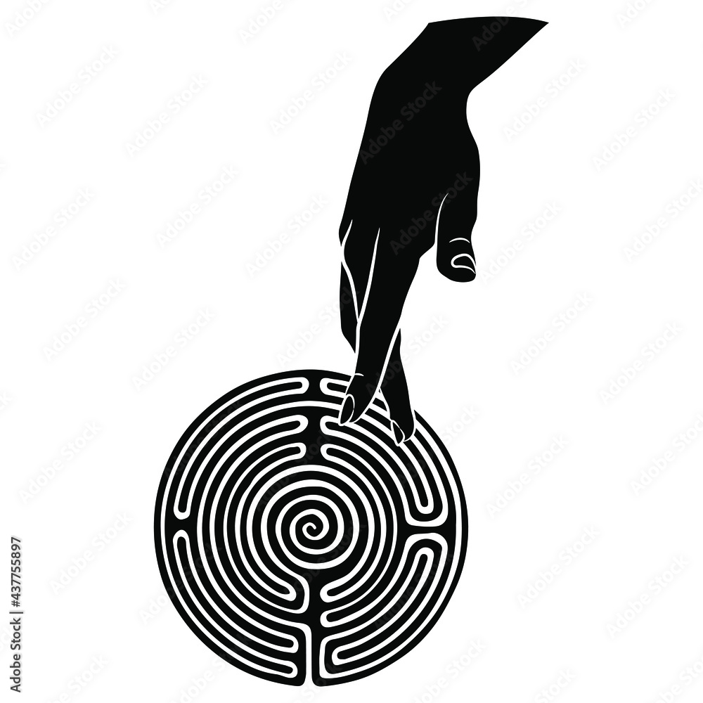 Female hand touching round spiral maze or labyrinth symbol. Ariadne ...