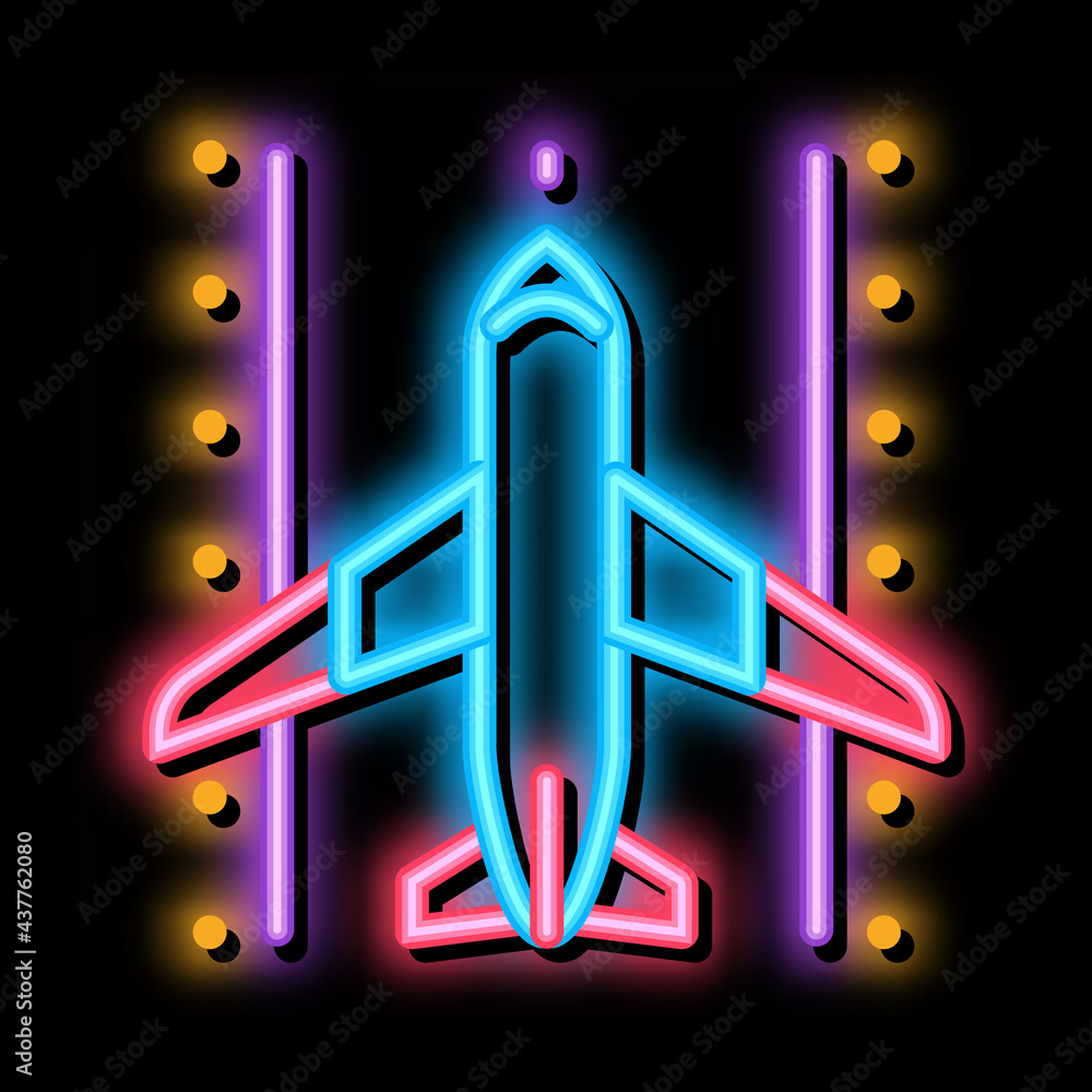 Airplane On Runway Airport neon light sign vector. Glowing bright icon ...