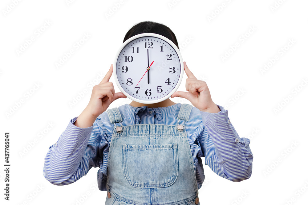 Time and daily life concept, Happy Asian little girl hand holding a big ...