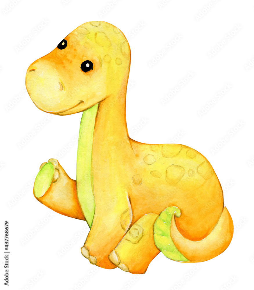 Cute dinosaur, orange color, sitting, watercolor clip art on an ...