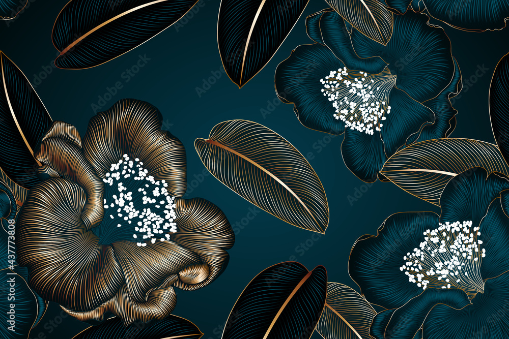 Vintage luxury seamless floral background with golden camelia flowers ...