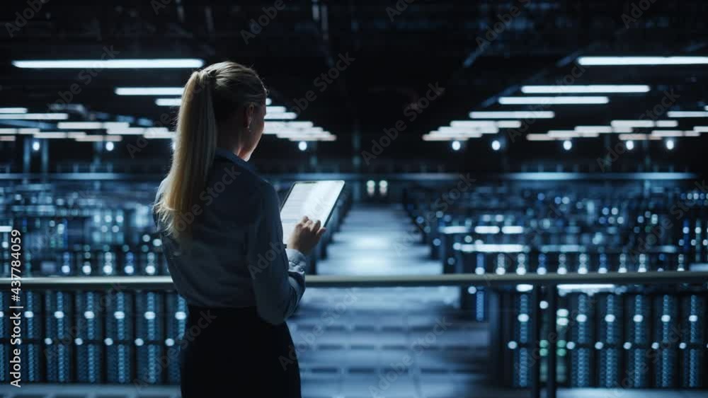 Video „Data Center Female Programmer Using Tablet Computer, Maintenance ...