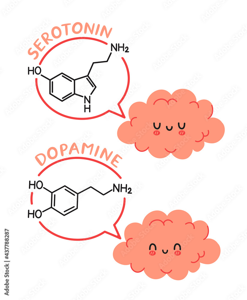 Cute funny human brain organ character and dopamine,serotonin formula ...