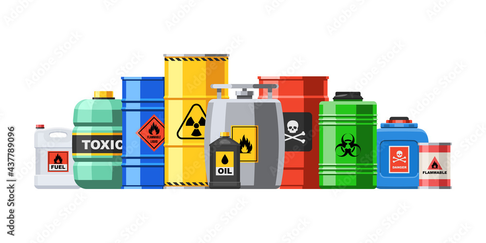 Different container with hazard chemical liquid in row line. Compressed ...