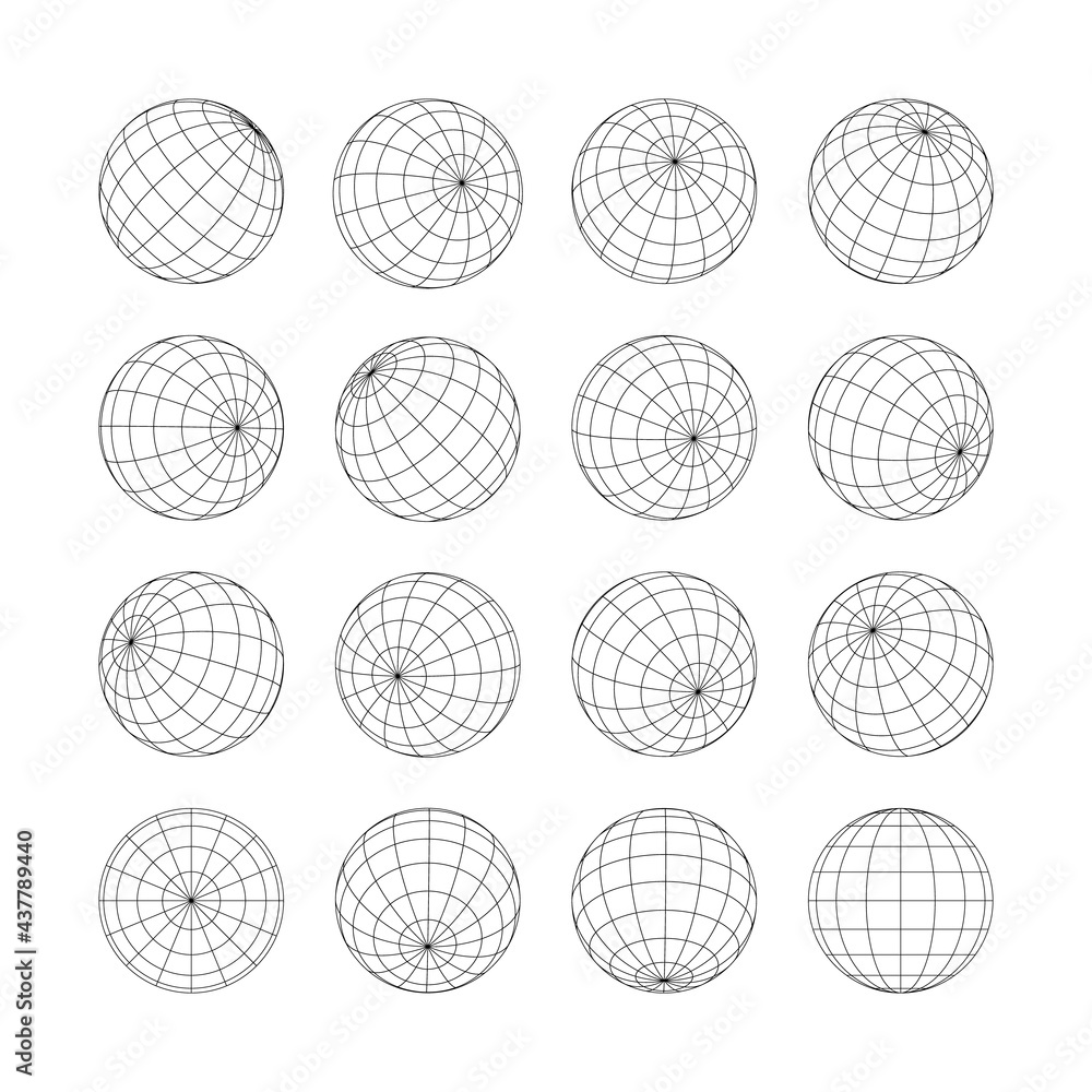 Earth grid globe in shape of 3d sphere graphic set. Line round striped ...