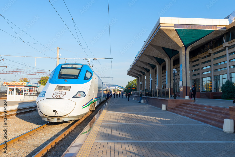 Modern Afrosiab (Afrosiyob) high speed rail line at Samarkand Train ...