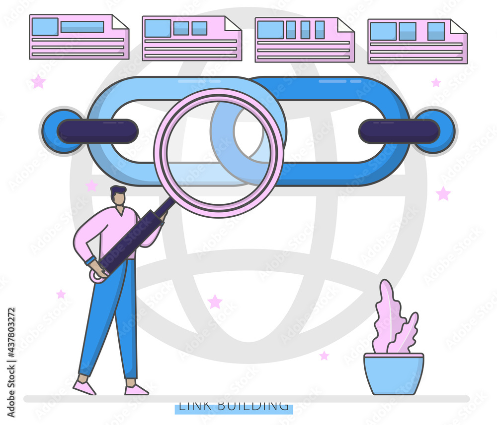 Vector illustration link building concept with a man holding magnifying ...