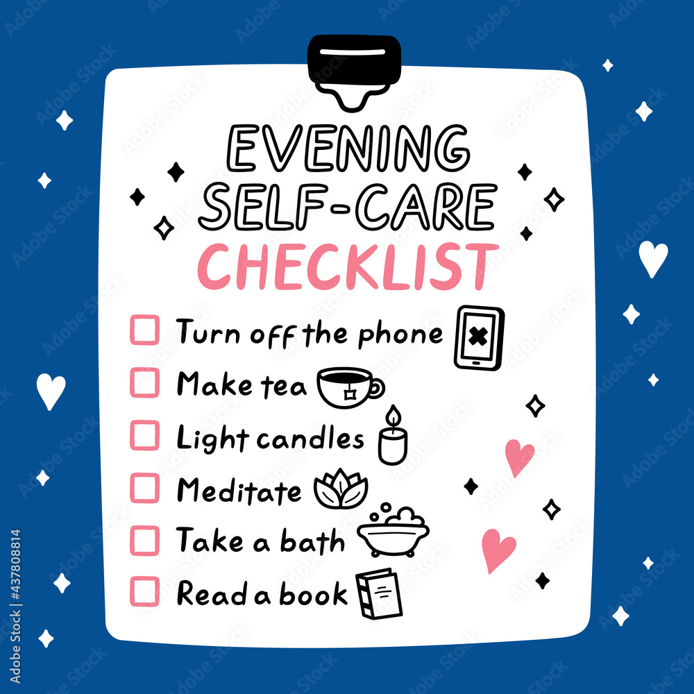 Cute funny evening self-care to do list, checklist. Vector hand drawn ...