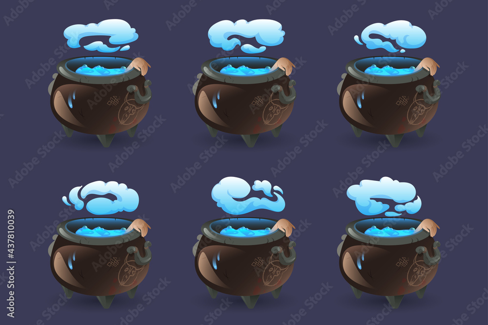 Witch cauldron with blue boiling magic potion, hand and smoke. Old ...