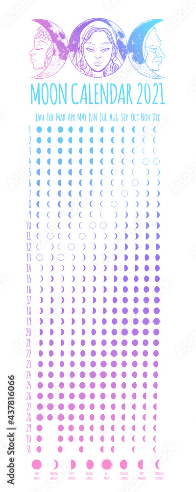 Moon calendar, 2021 year, lunar phases, cycles. Design illustrated with ...