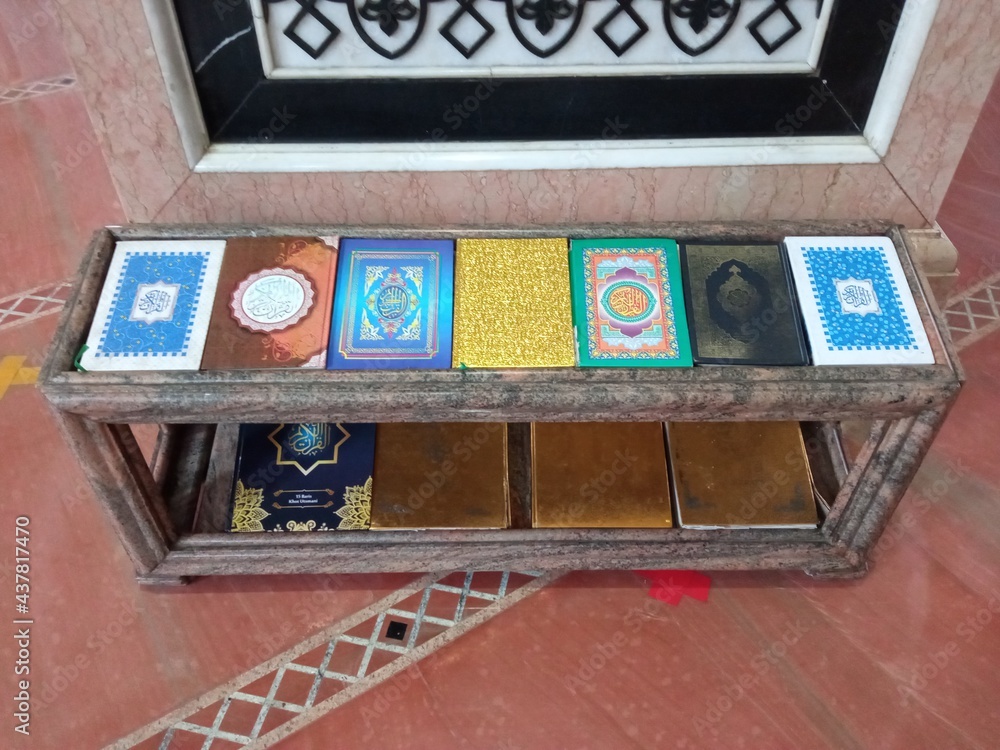 The holy Quran scriptures on the bookshelves inside the mosque Stock ...