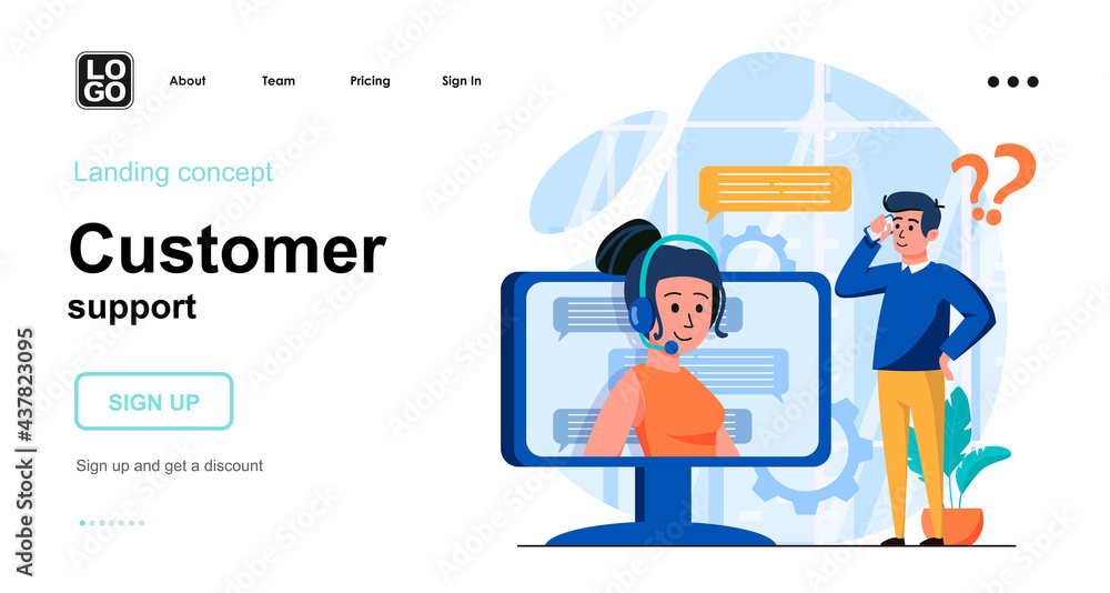 Customer support web concept. Man calls tech support. Hotline operator ...