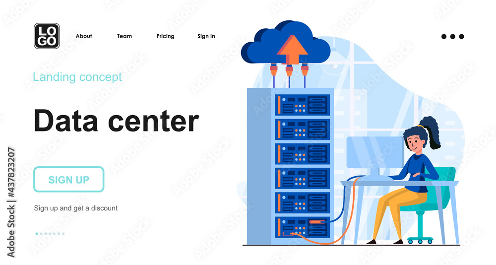 Data server web concept. Woman engineer maintains work in server room ...