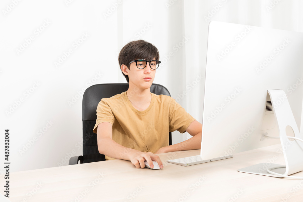 Serious teenage boy sitting on the chair while using computer at home ...