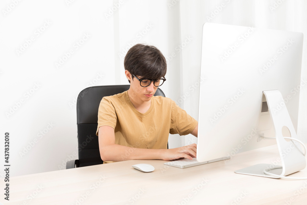 Serious teenage boy sitting on the chair while using computer at home ...