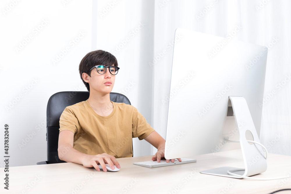 Serious teenage boy sitting on the chair while using computer at home ...