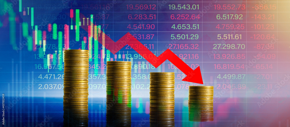 Stock fall market chart for forex trading graph.Arrow red falling on a ...