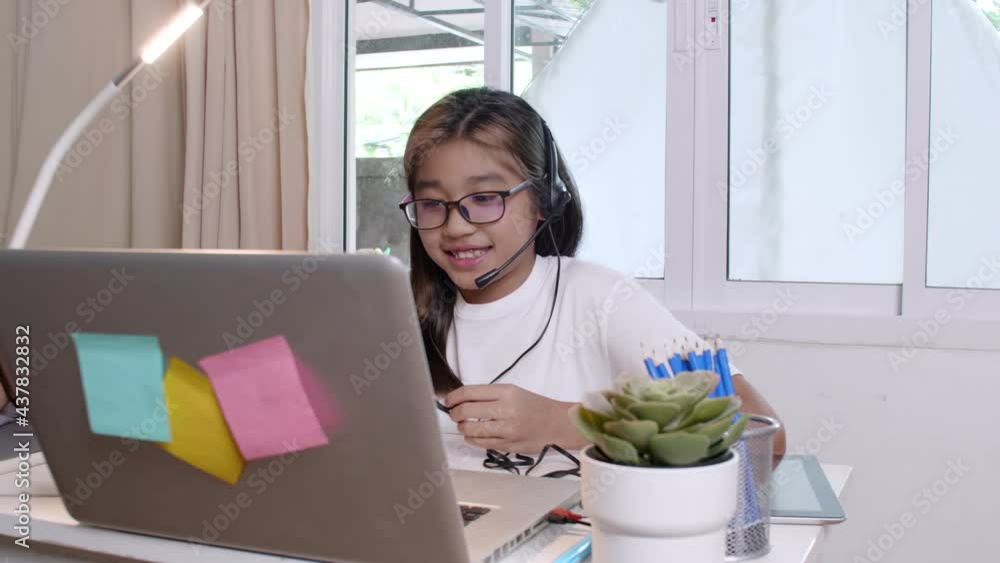 4K Learn from hone concept. Asian girl student learning virtual ...