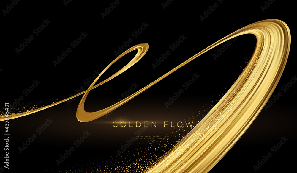 Modern 3d banner with gold flow on black background. Gold flow wave ...