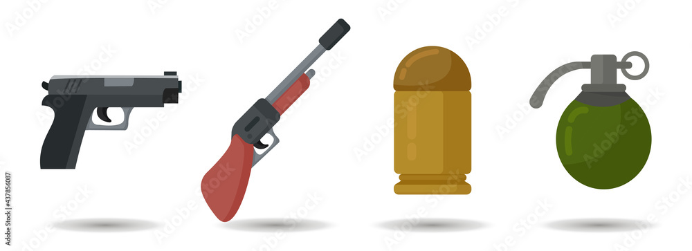 pistol, hand grenade, bullet, gun, weapons vector clip art set. pistol, hand grenade, bullet ...