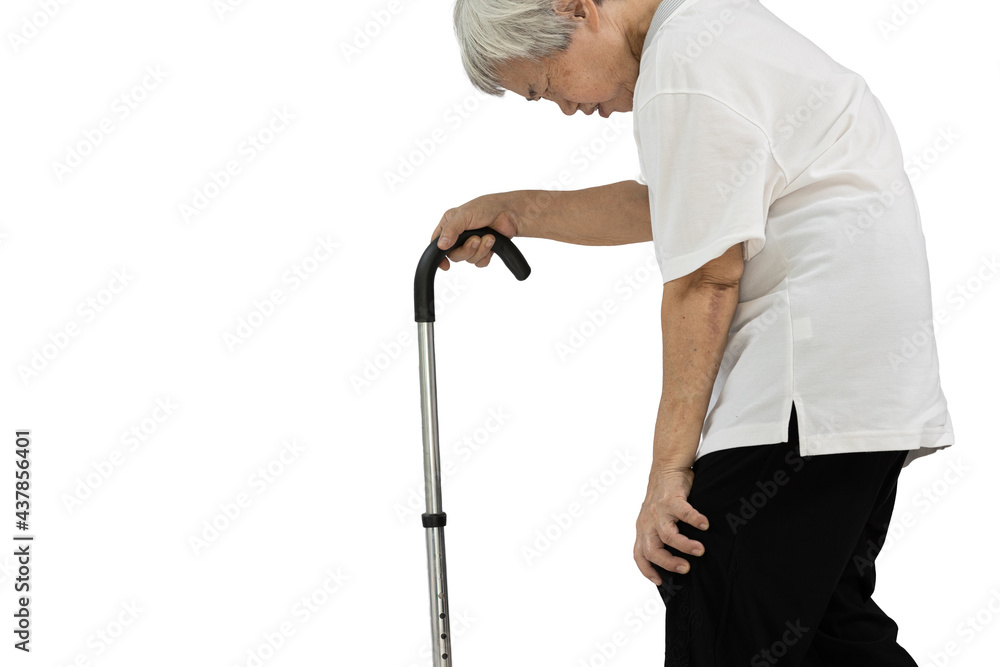 Asian senior woman using walking stick for support her walk,touch her ...