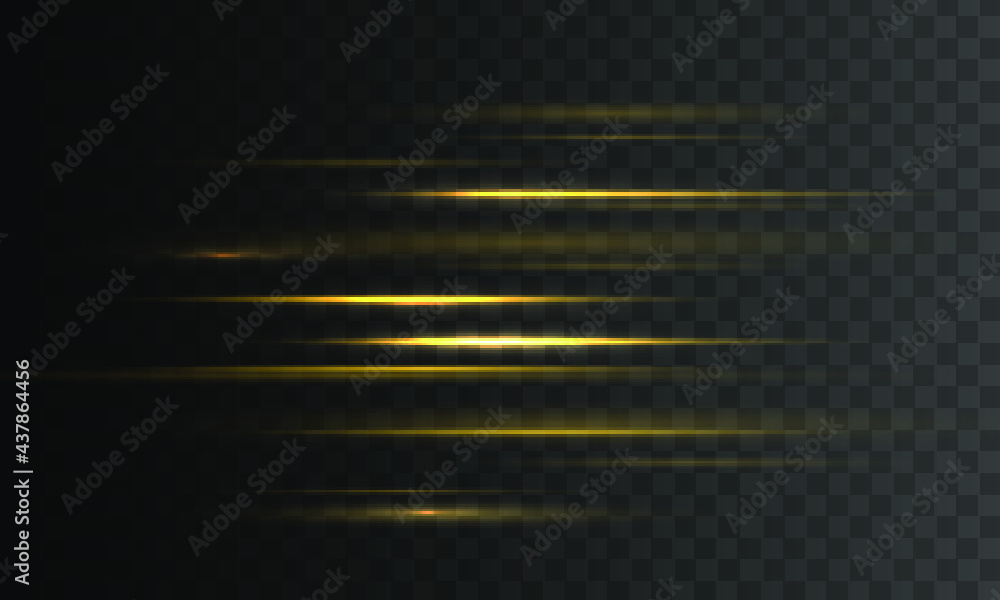 Set of yellow horizontal rays, lens, lines. Laser beams luminous ...