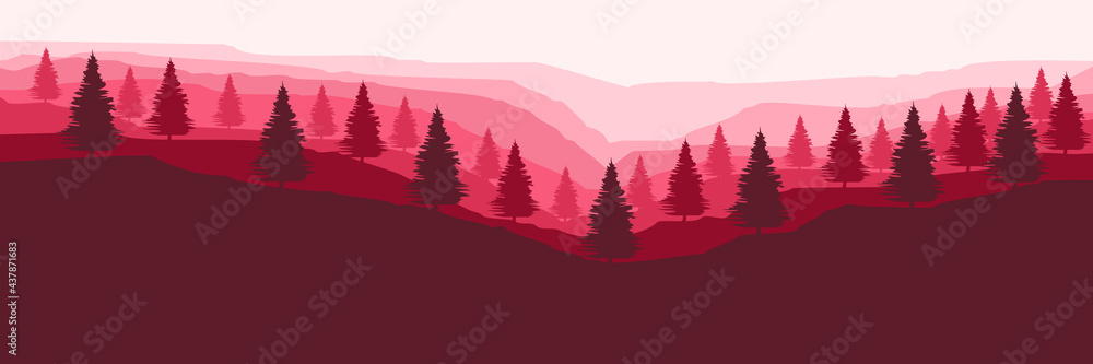 pink mountain forest tree vector illustration flat design for wallpaper ...