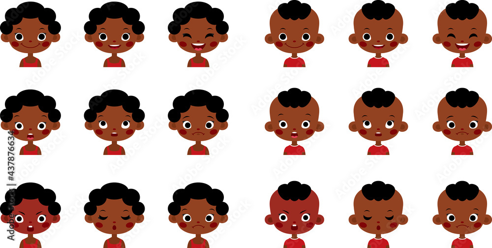 Boy and girl African American children cute emoji, set smily emoticons ...