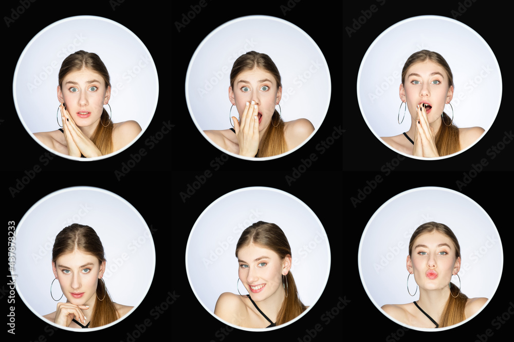 Portrait collage. Perfect surprise. Emotion collection. Portrait of ...