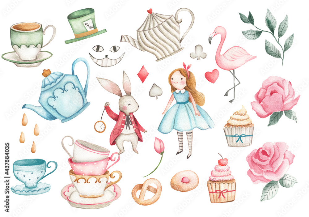 Alice in wonderland Watercolor illustration set ilustração do Stock ...