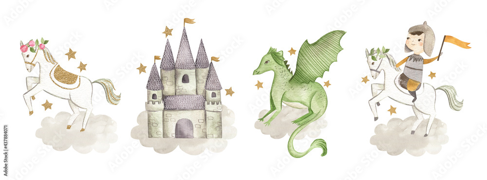 Fairy tale Knight watercolor illustration white Stock Illustration ...