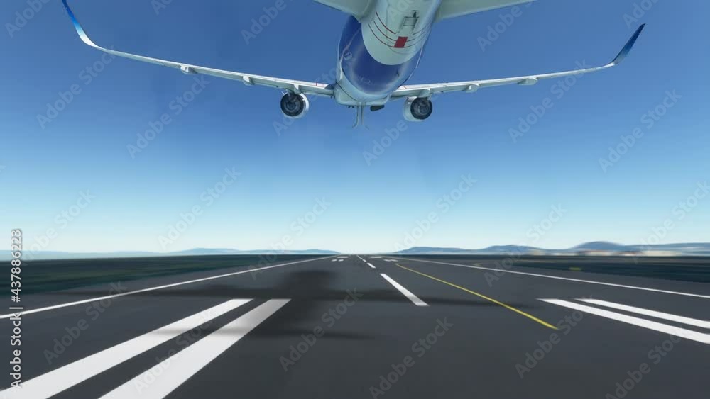 Animation of airplane departure as seen from behind. Plane taking off ...