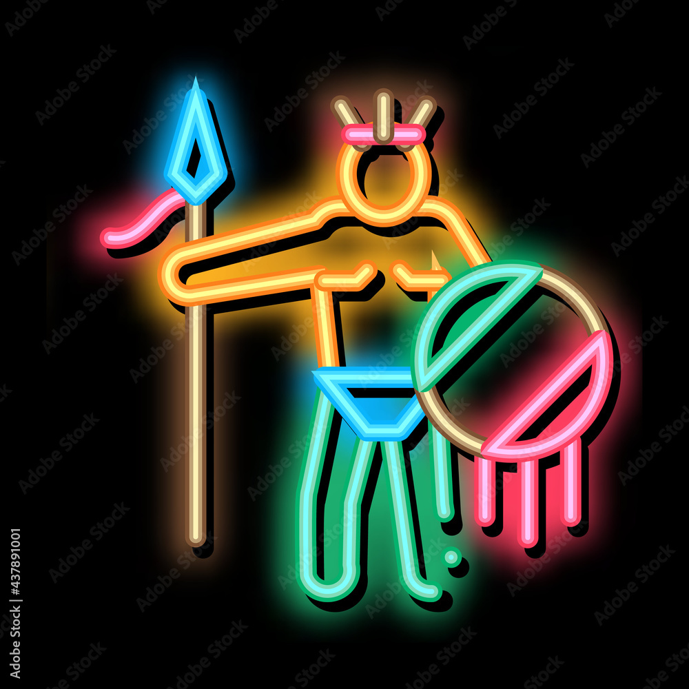 Aztec with Spear and Shield neon light sign vector. Glowing bright icon ...