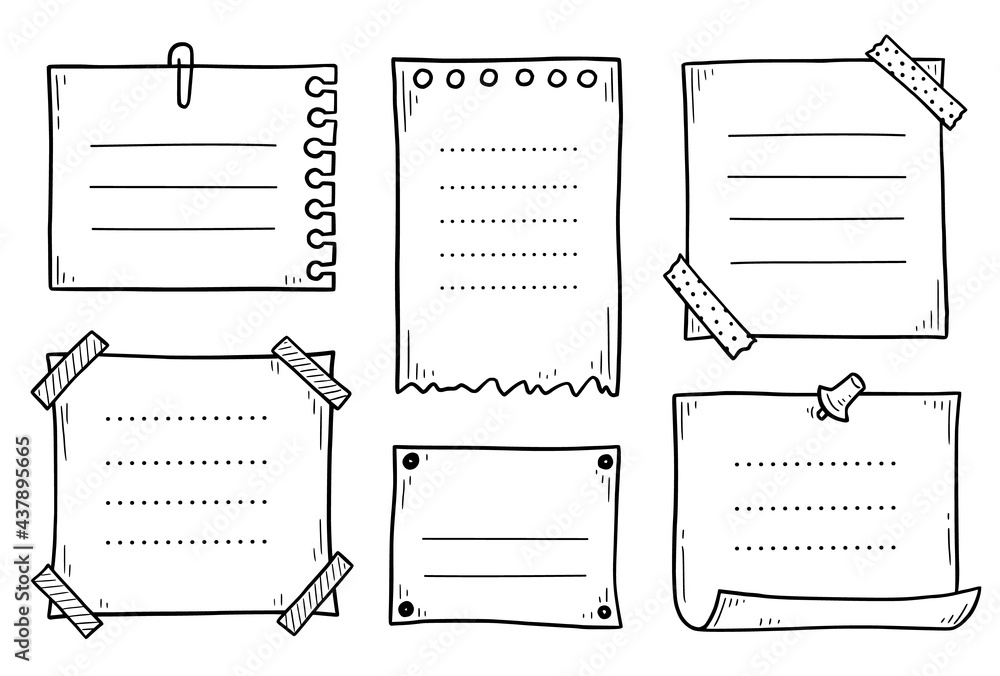 Hand drawn set of paper memo sticky. Doodle sketch style. Reminder ...
