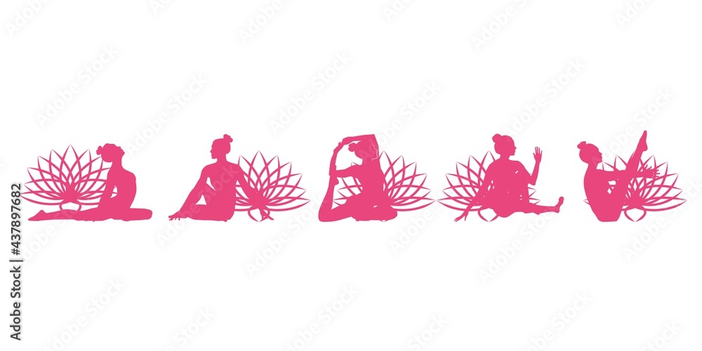 Set Of Healing Yoga Poses Women Icons Decoration With Flowers Yoga