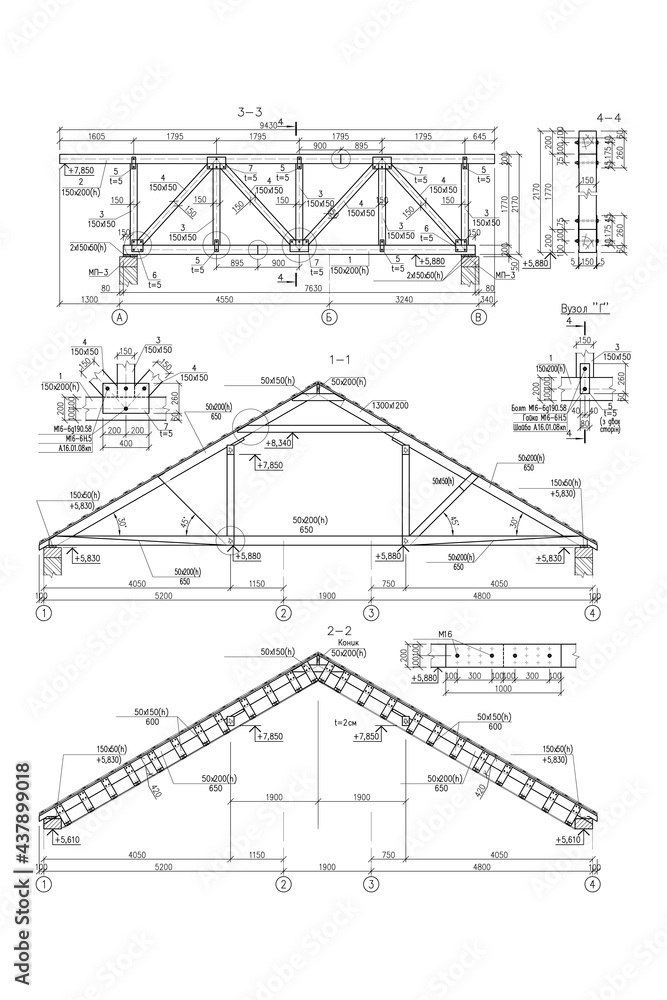 Detailed architectural plan of roof beams and plates, vector Stock ...