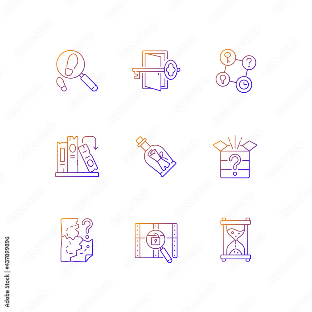 Puzzle solving gradient linear vector icons set. Investigate footprints ...