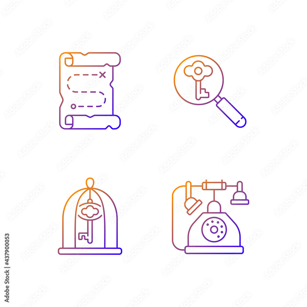 Solving quest gradient linear vector icons set. Map with route to ...