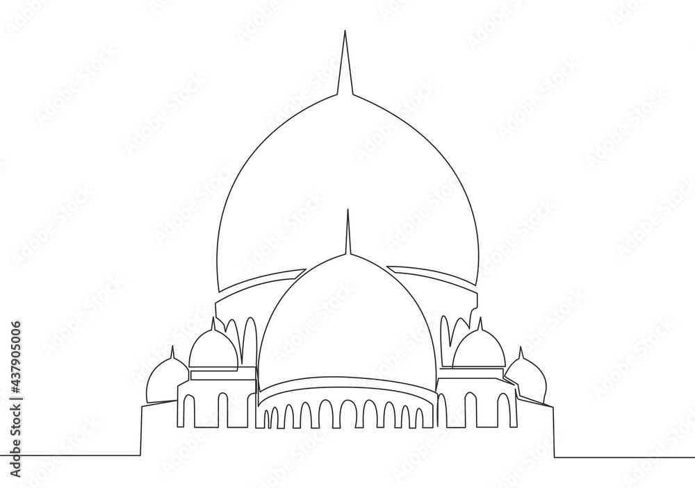 One single line drawing of Islamic historical dome landmark masjid or ...