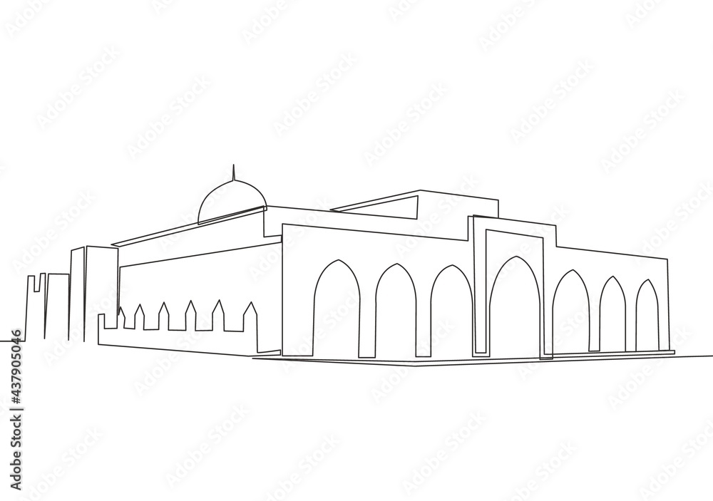 One single line drawing of Islamic historical landmark masjid or mosque ...