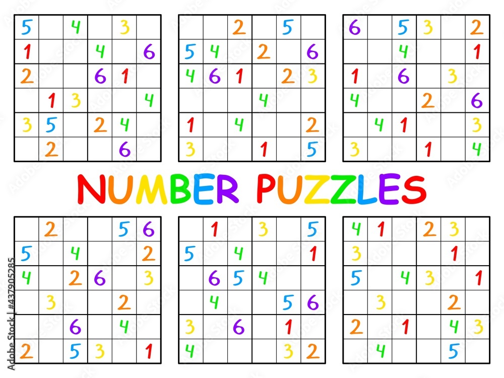 Six sudoku games six by six for children vector illustration ...